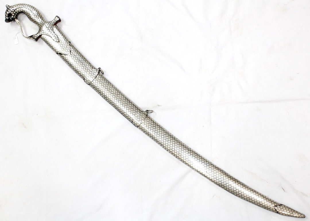 Sword Damascus Steel Blade Pure Silver Koftgari Wire Work Tiger Handle ...