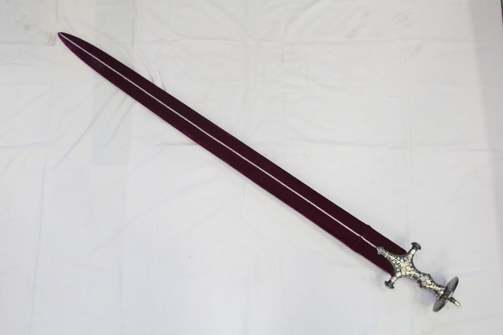 Straight Sword Religious Sikh Damascus Steel Blade Silver Wire Work ...