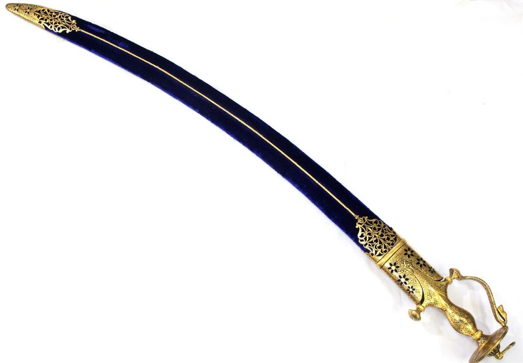 Sword Damascus Steel Blade Engraved Ten Sikh Gurus Gold Koftgari Handle ...