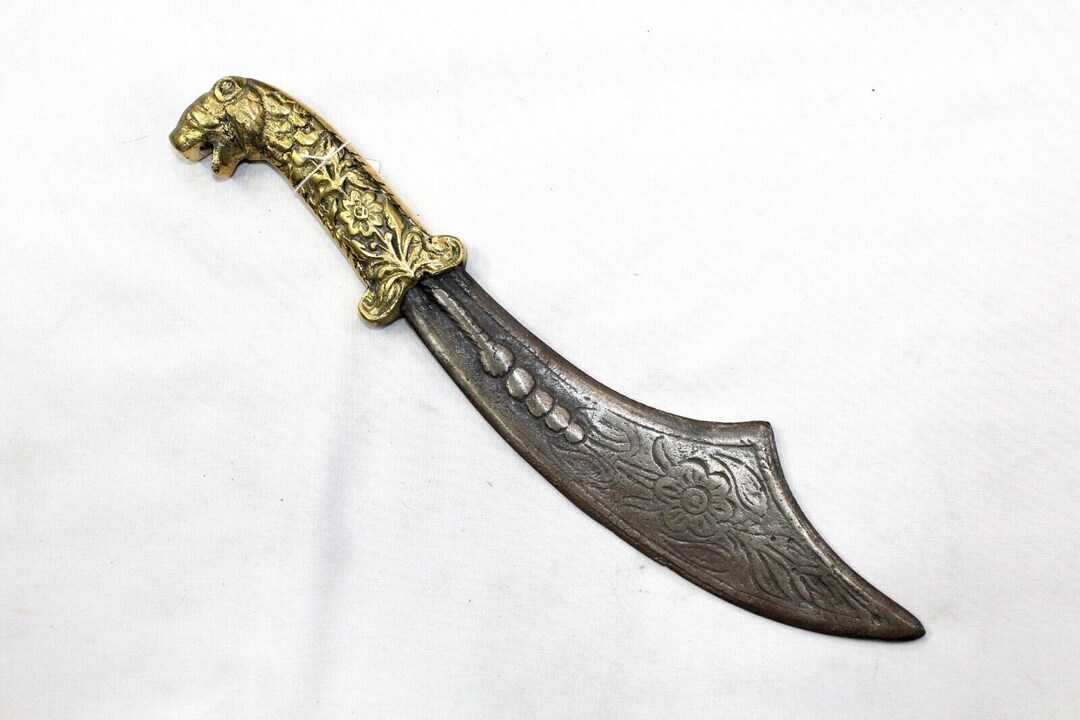 Dagger Knife Hand Forged Steel Blade Hand Engraved Tiger Face Brass ...