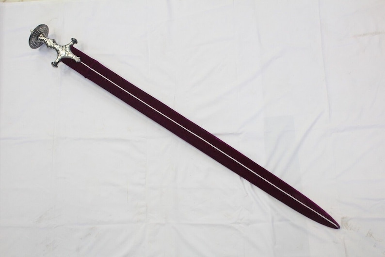 Straight Sword Religious Sikh Damascus Steel Blade Silver Wire Work ...