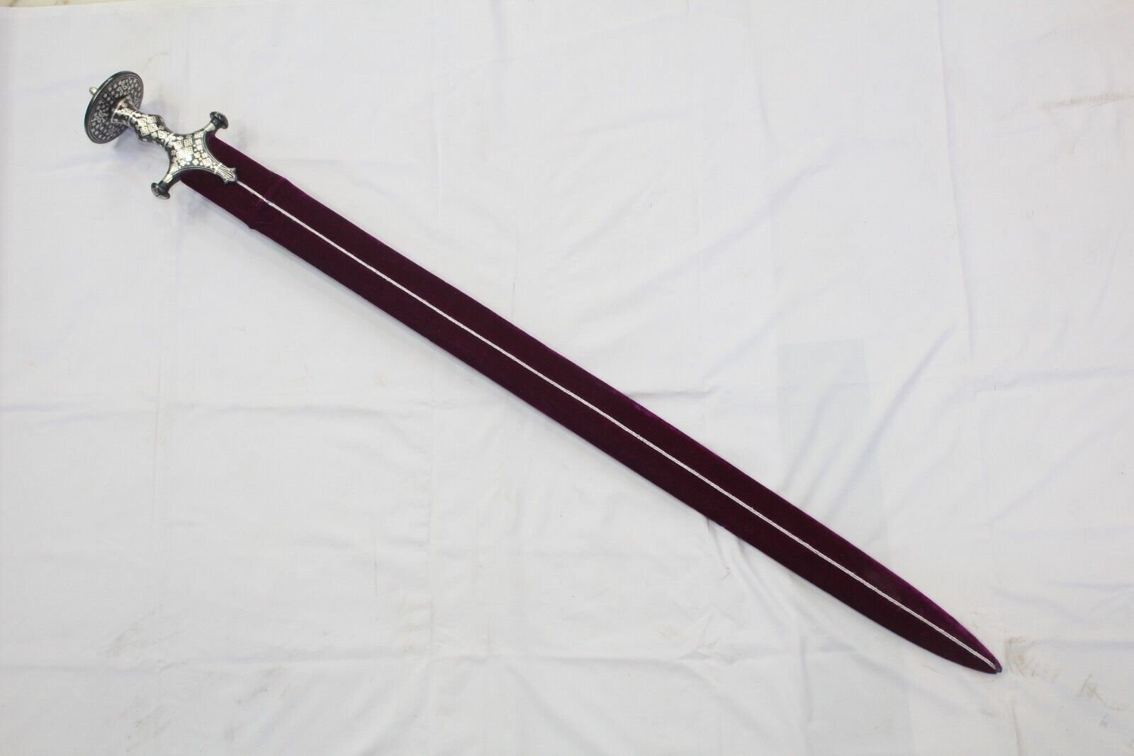 Straight Sword Religious Sikh Damascus Steel Blade Silver Wire Work ...