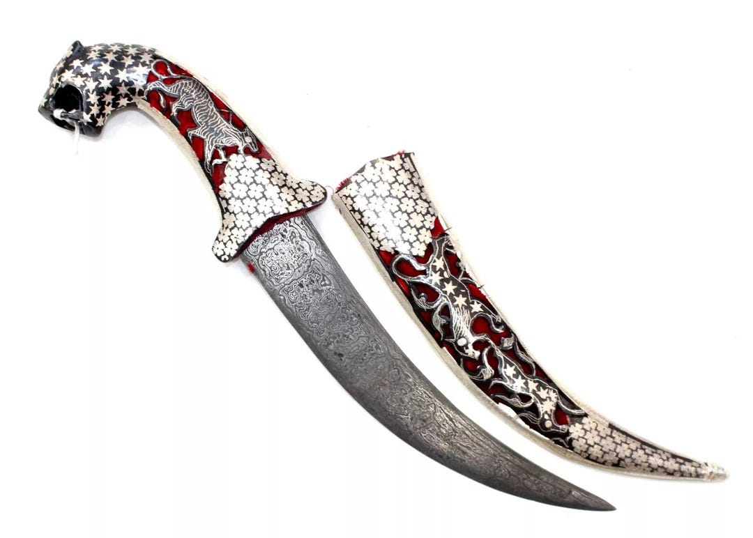 Tiger Dagger Silver Koftgari Inlay Work Damascus Steel Blade Hand ...
