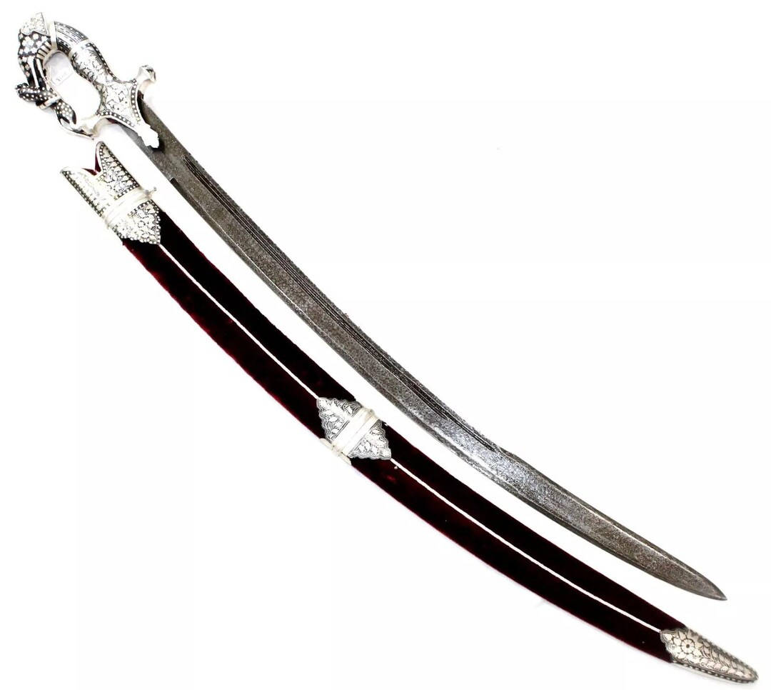 Sword Pure Silver Koftgiri Work Damascus Steel Blade Elephant Tiger ...