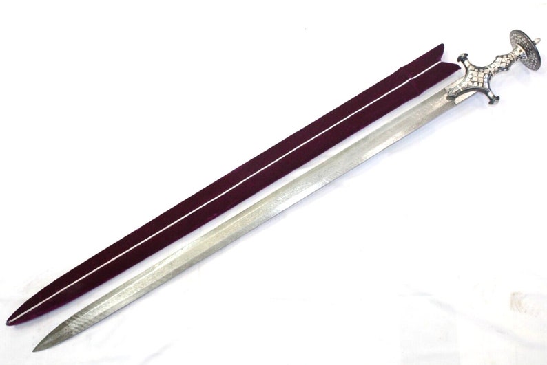 Straight Sword Religious Sikh Damascus Steel Blade Silver Wire Work ...