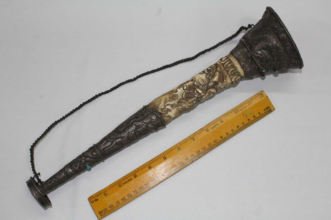 Old Tibetan Silver Bugle Hand Carving With Turquoise & Coral Stone - Etsy