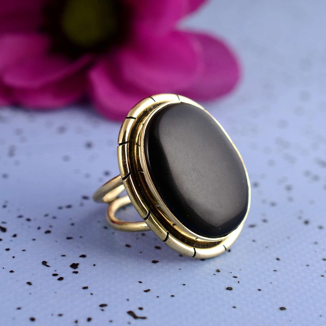 Obsidian Ring, Black Obsidian Ring, Brass Gemstone Ring, Handmade Ring ...
