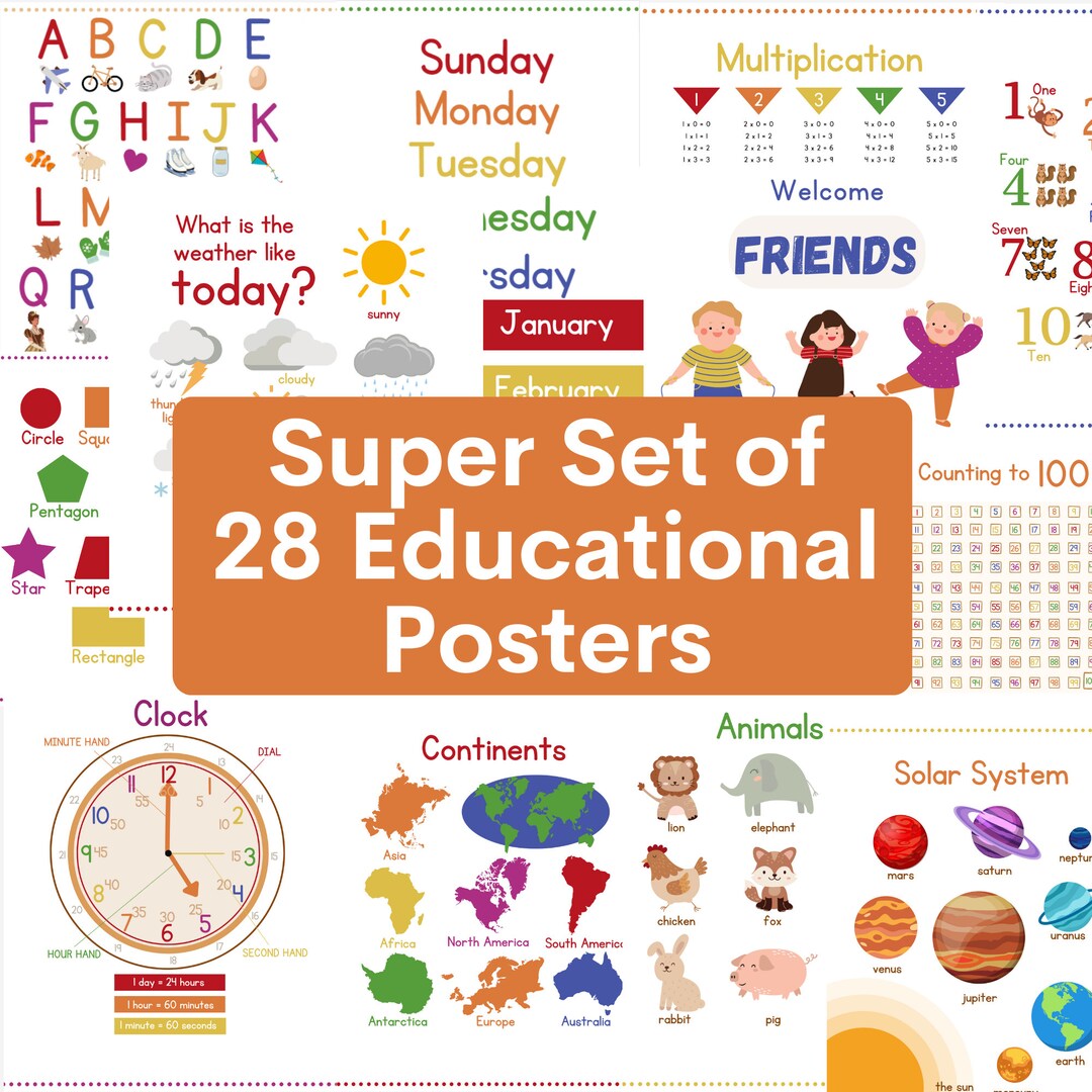 28 Colorful Educational Posters, Playroom Wall Decor, Alphabet, Boho ...