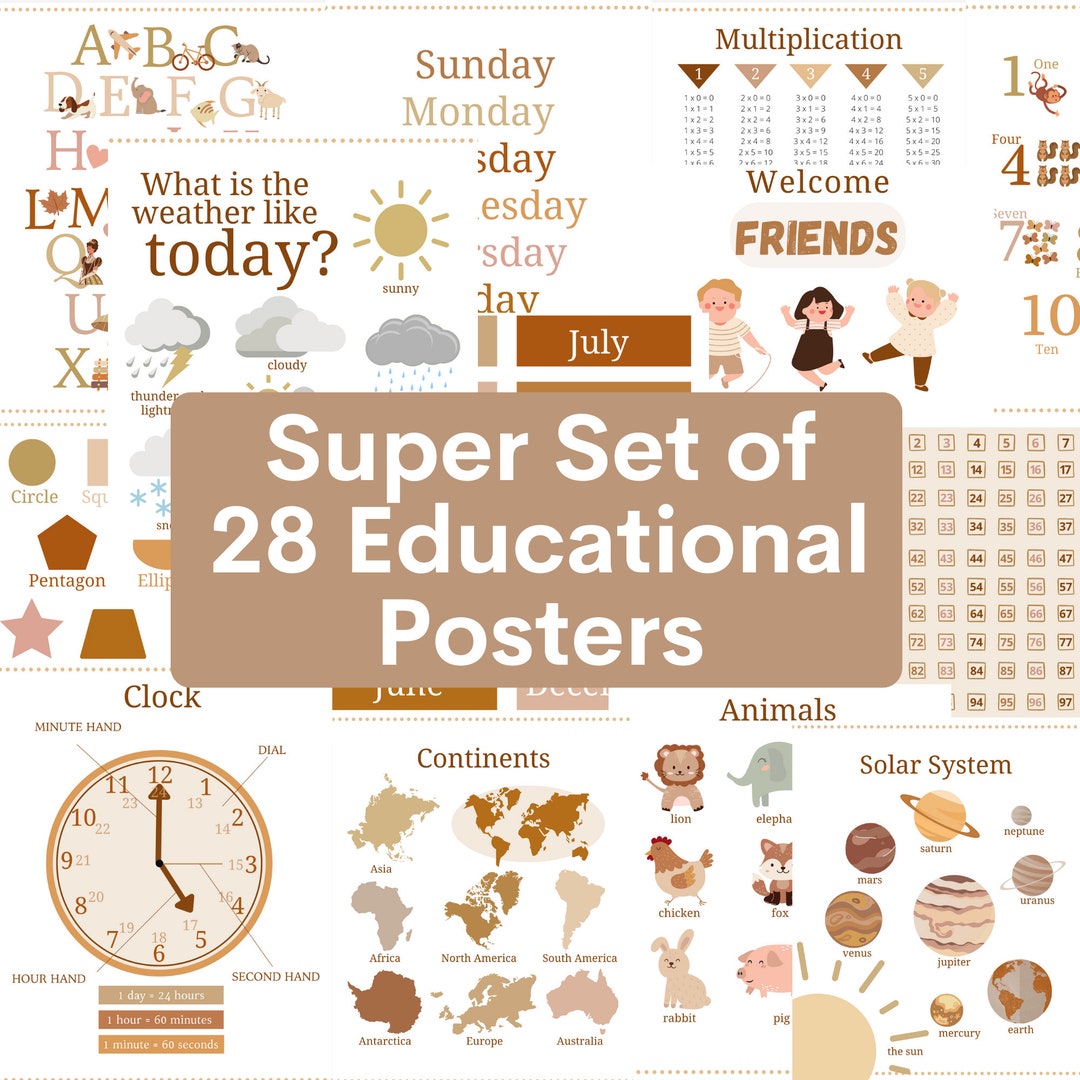 28 Neutral Educational Posters, Playroom Wall Decor, Alphabet, Boho ...