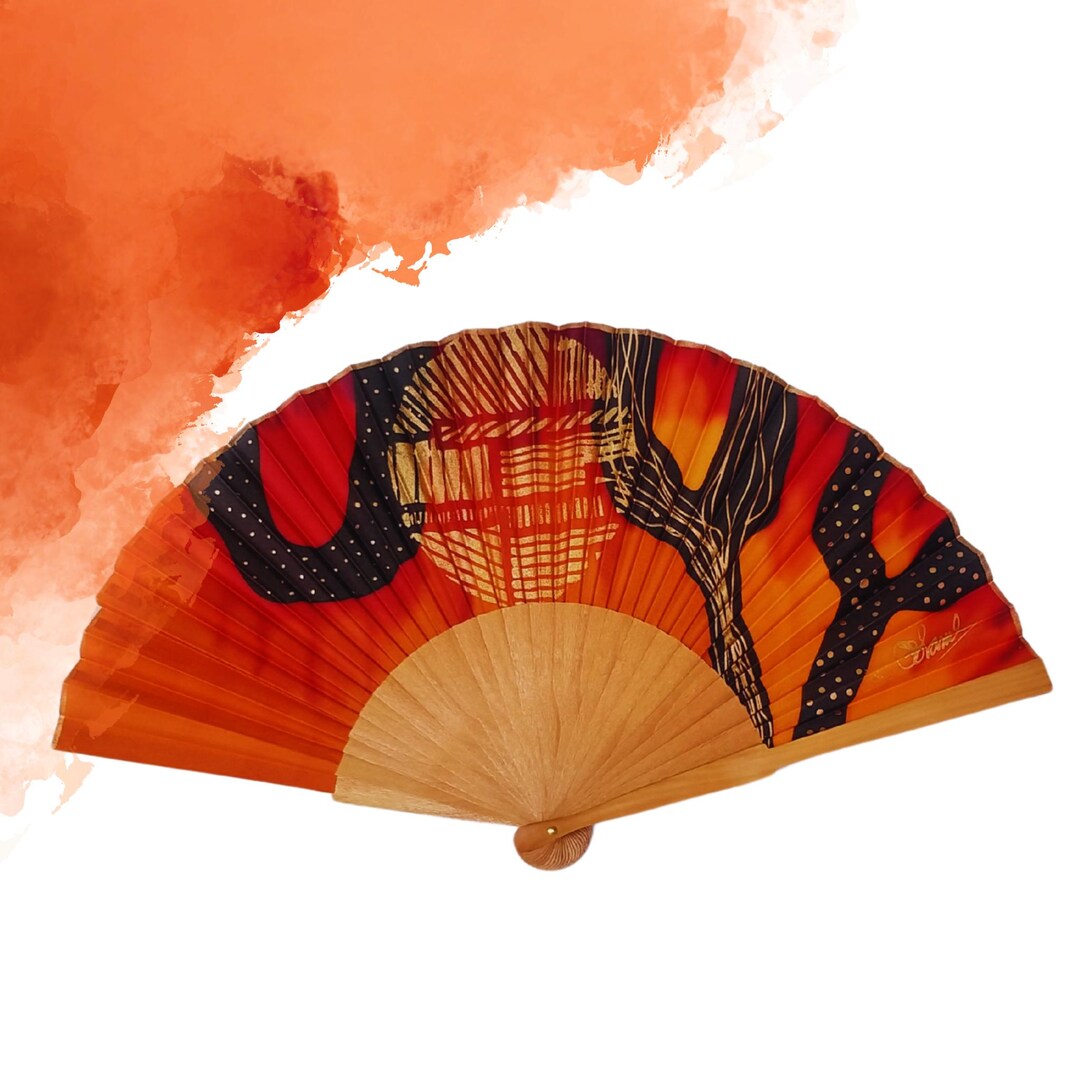 Elegant Hand-painted Silk Fan – Fiery Orange & Black Abstract Art ...