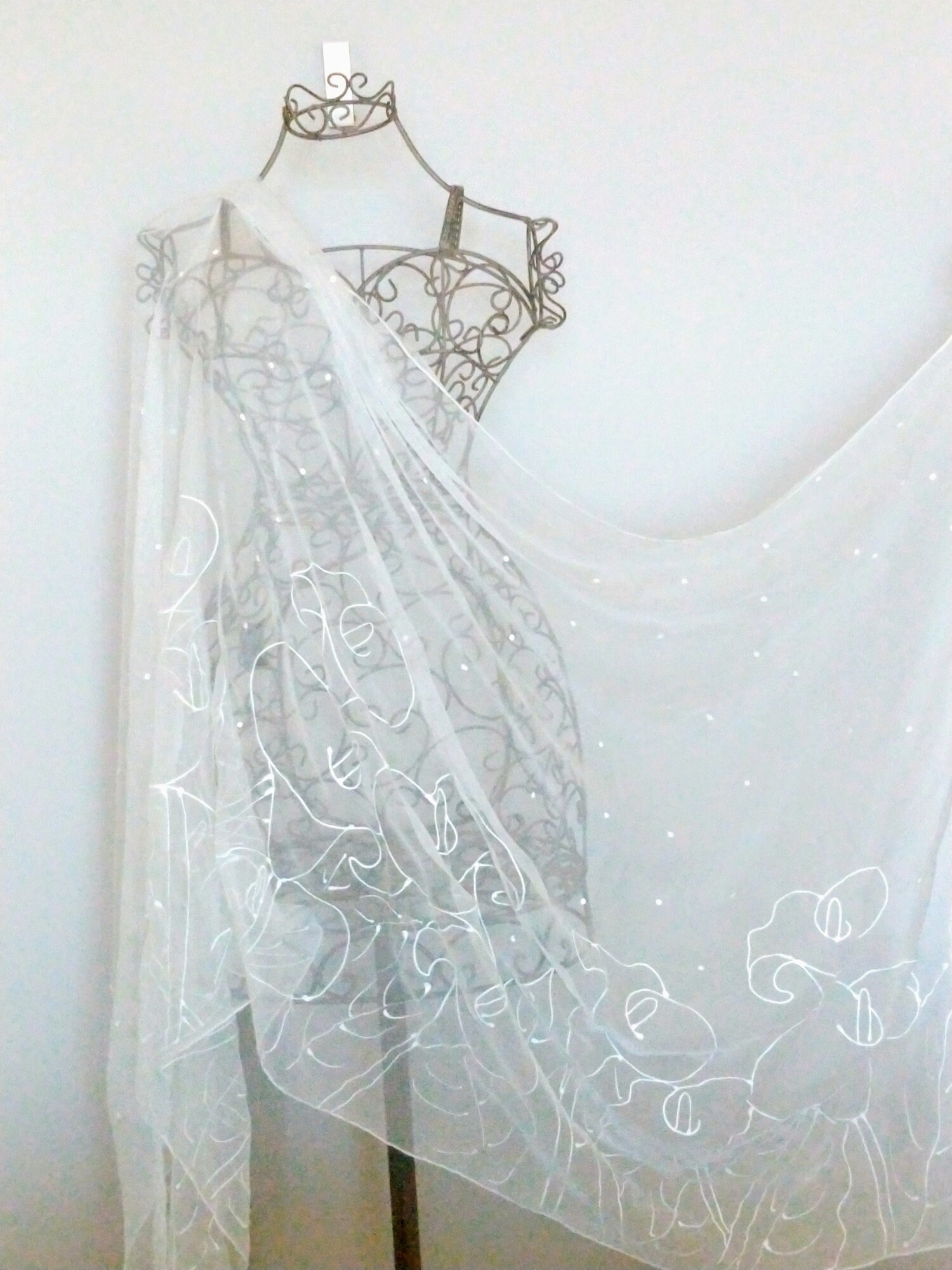 Wedding Silk Scarf, Hand Painted White Scarf, Long Chiffon Scarf ...