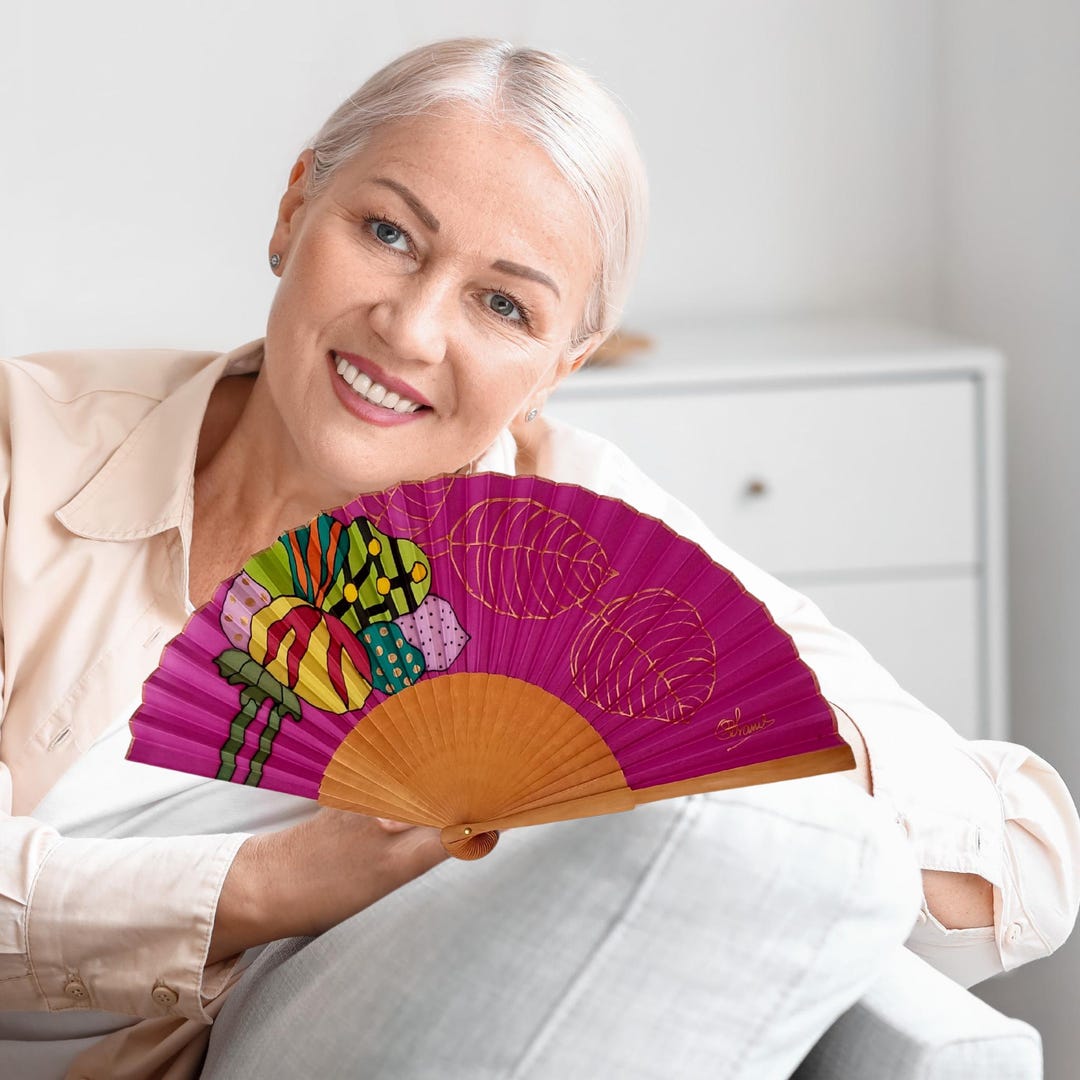 Fuchsia Pink Silk Fan – Handmade Folding Fan With Tropical Leaves ...