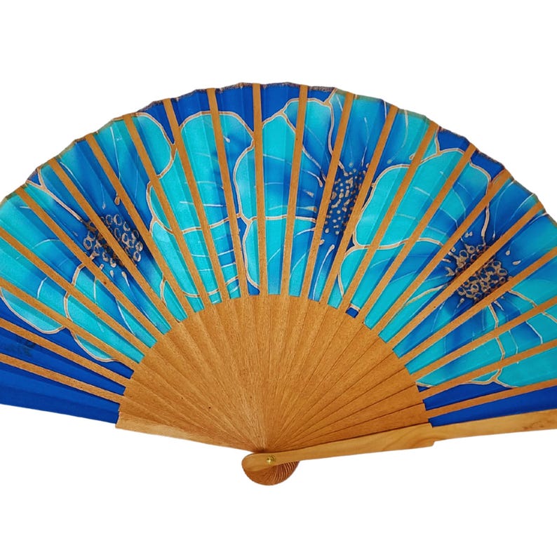 Hand-painted Blue Floral Silk Fan: Elegant Spanish Style - Etsy