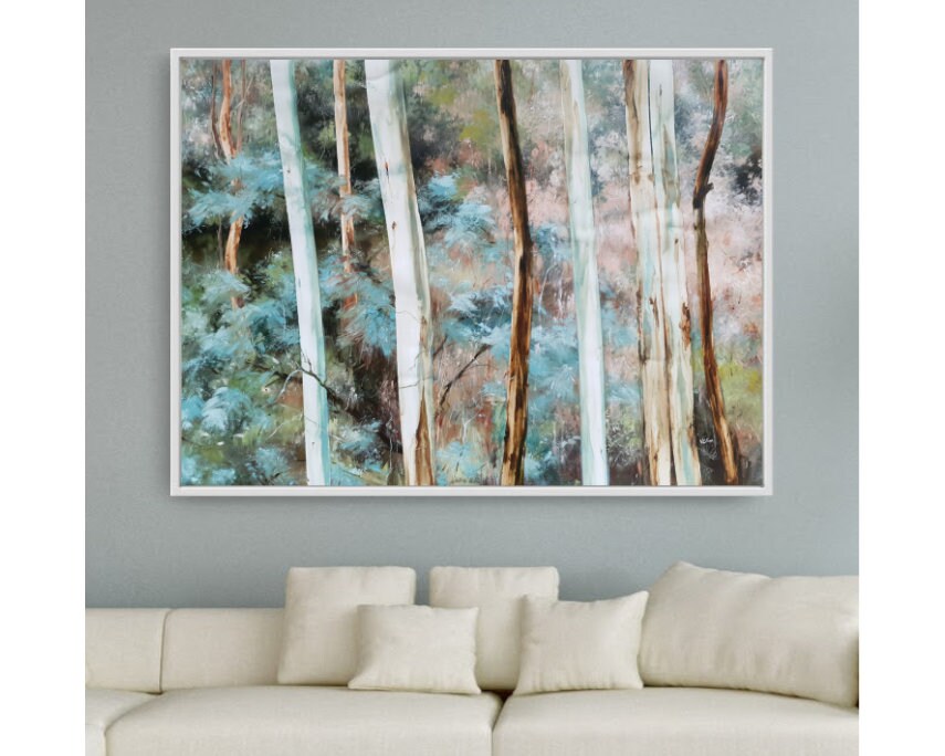 Woodland Semi-abstract Painting, Pink Earth Tones With Light Blue ...