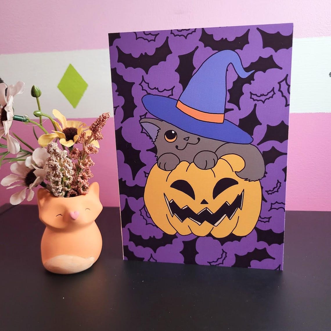 Black Cat With Witch Hat in A Pumpkin - Halloween Greeting Card - Etsy