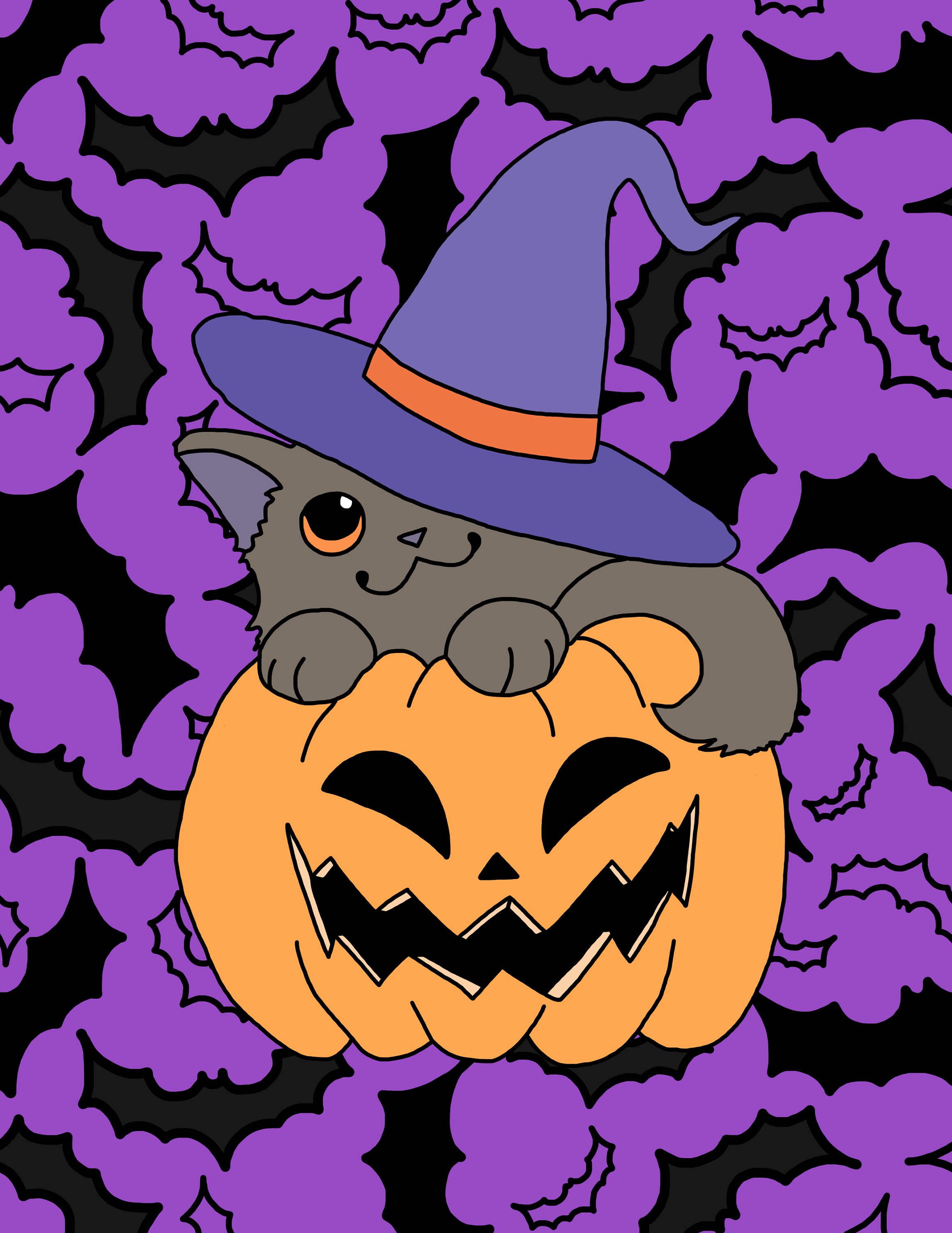 Black Cat With Witch Hat in A Pumpkin - Halloween Greeting Card - Etsy