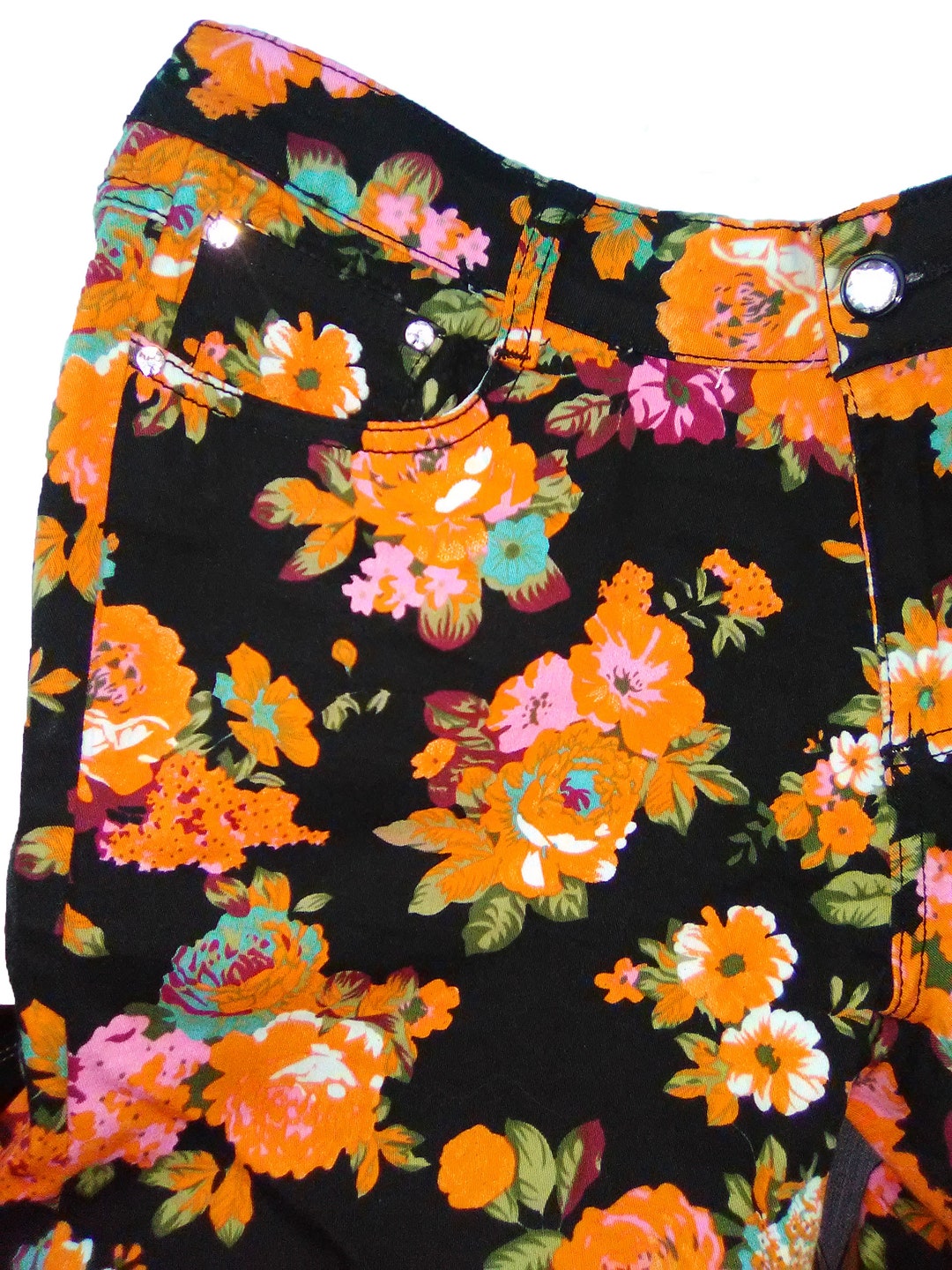 Black Floral Print Denim Pants Jeans, Junior Sizes, Summer Pants ...