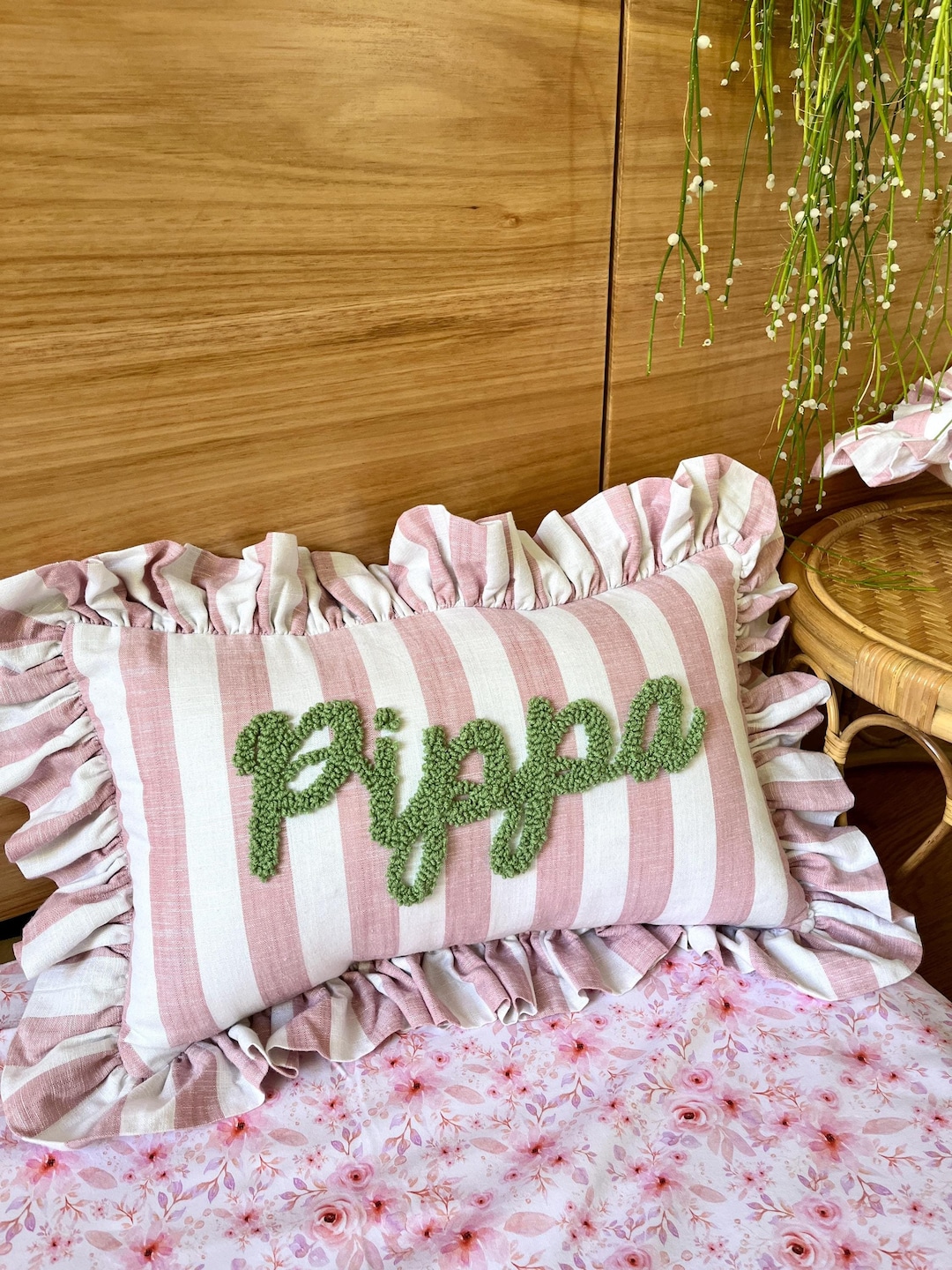 PINK STRIPES Personalised Ruffled Cushion -handmade Punch Needle Decor ...