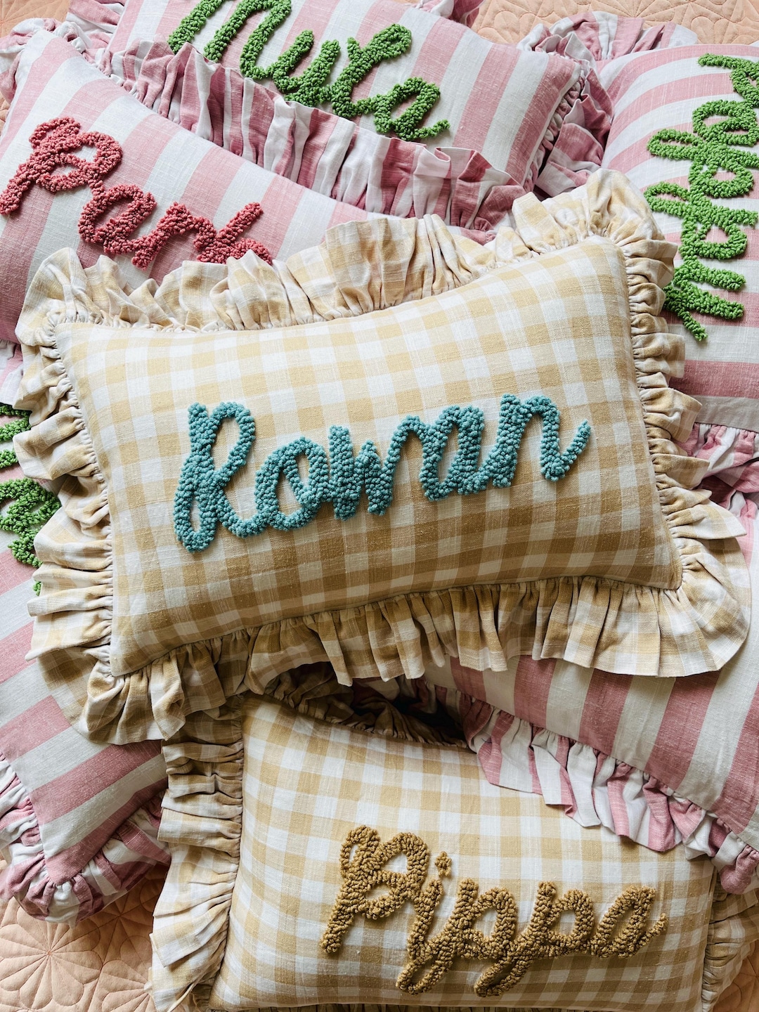 SAND GINGHAM Personalised Ruffled Cushion Handmade Punch Needle Decor ...