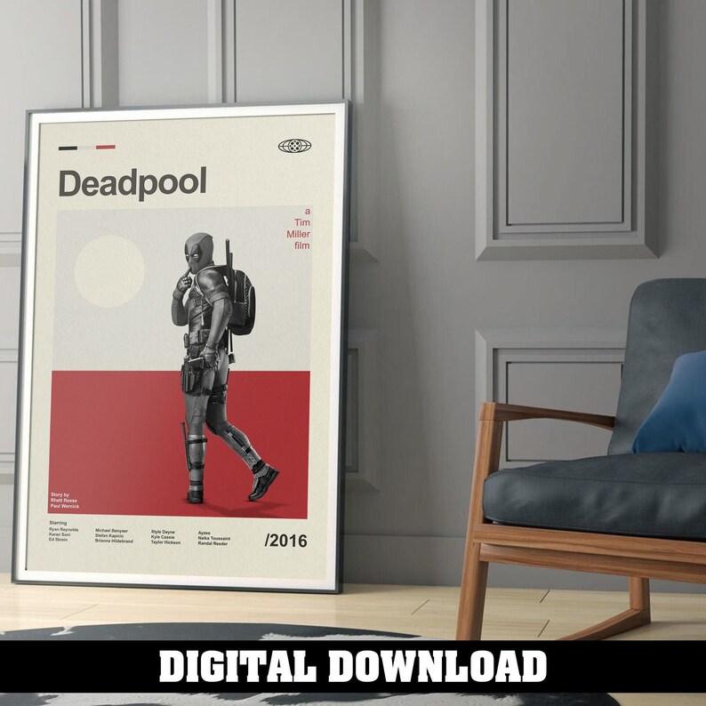 Mid Century Modern Deadpool Poster Digital Print, Custom Movie Wall Art ...