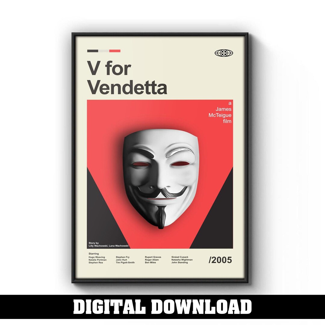 Mid Century Modern V for Vendetta Poster Digital Print, Custom Movie ...