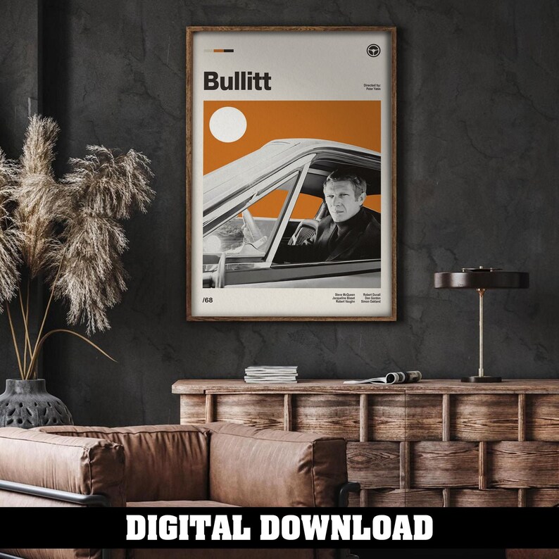 Mid Century Modern Bullitt Poster Digital Print, Custom Movie Wall Art ...