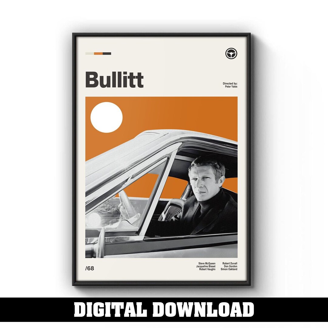 Mid Century Modern Bullitt Poster Digital Print, Custom Movie Wall Art ...