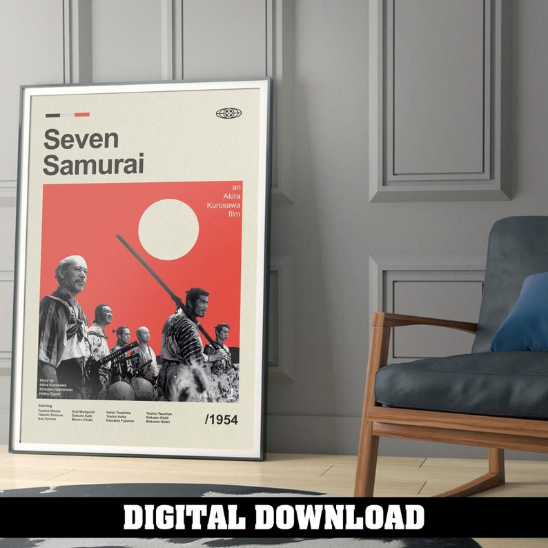 Mid Century Modern Seven Samurai Poster Digital Print, Custom Movie ...