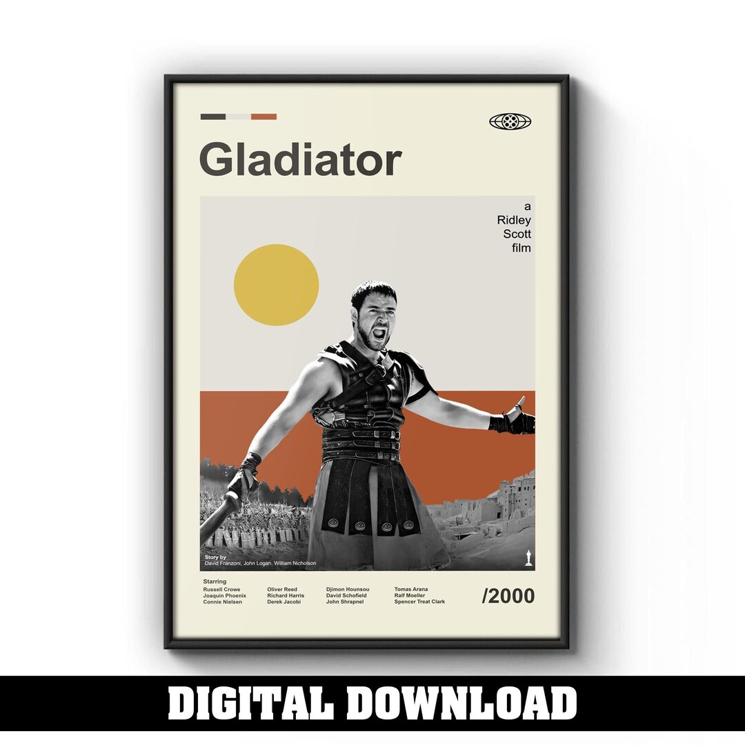 Mid Century Modern Gladiator Poster Digital Print, Custom Movie Wall ...