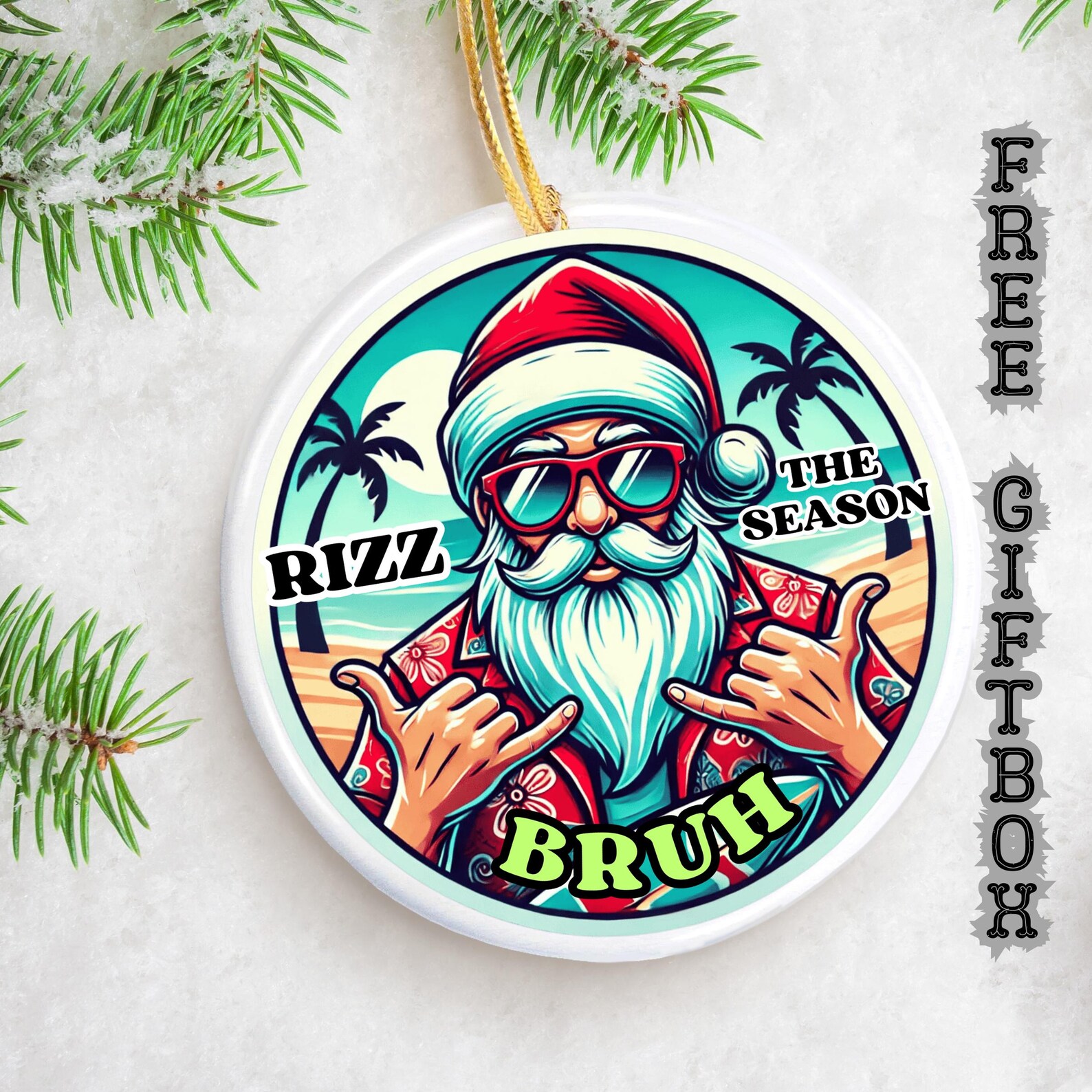 Rizz the Season Bruh Ornament: Funny Beach Santa, Gen Z Meme Christmas ...