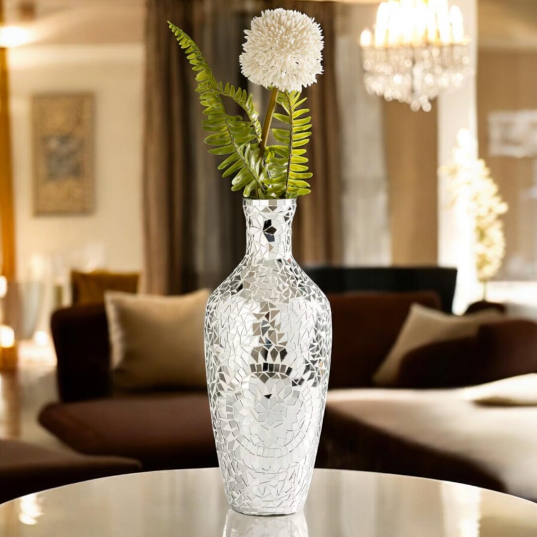 16" Vase Mirror Mosaic in Flower Design, Handmade Vase for Living Room ...