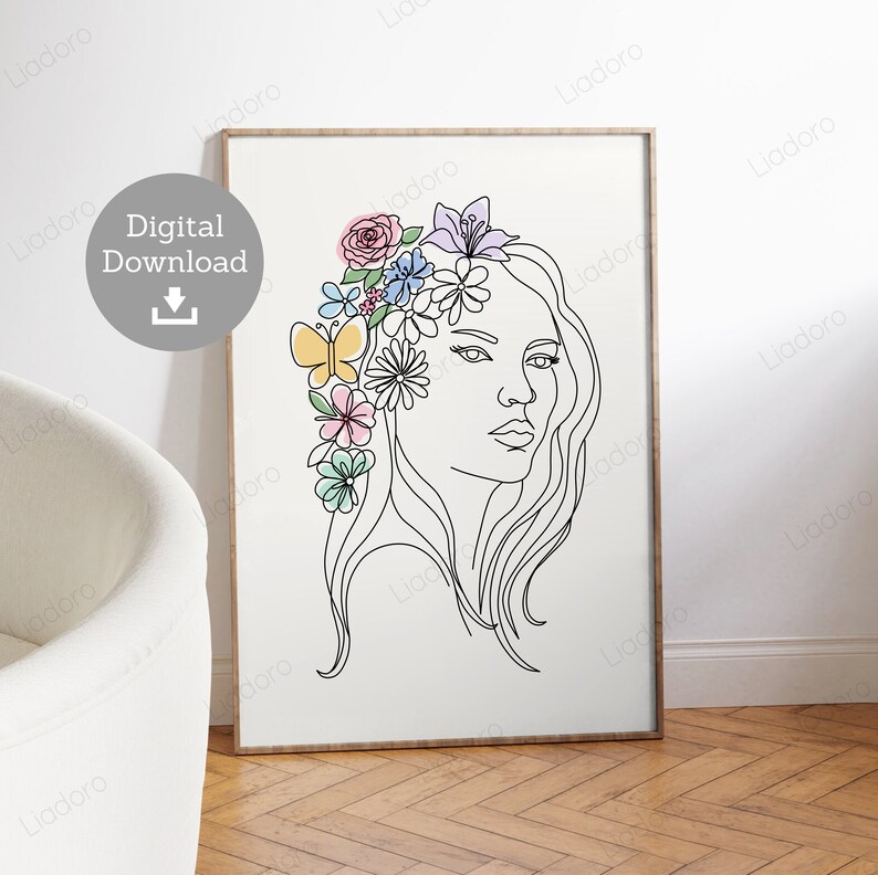 Flower Head Woman Line Art Print Set of 3, Floral Woman Line Drawing Printable Wall Art, DIGITAL ...