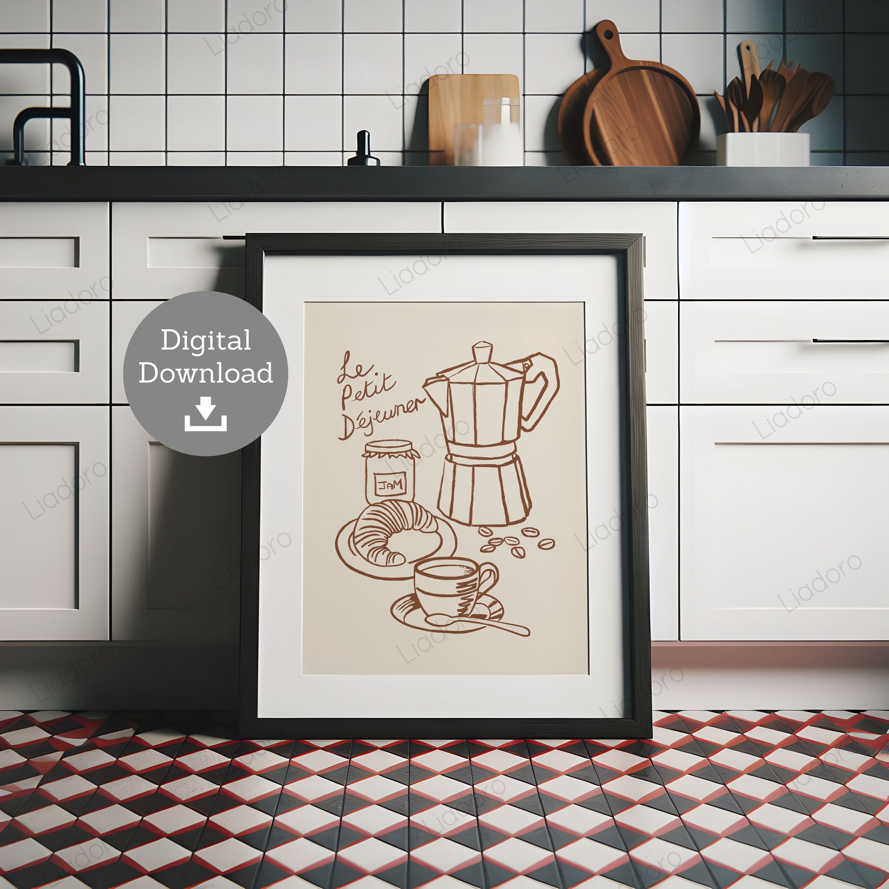 Le Petit Dejeuner Coffee Croissant Print, Hand Drawn Breakfast Sketch ...