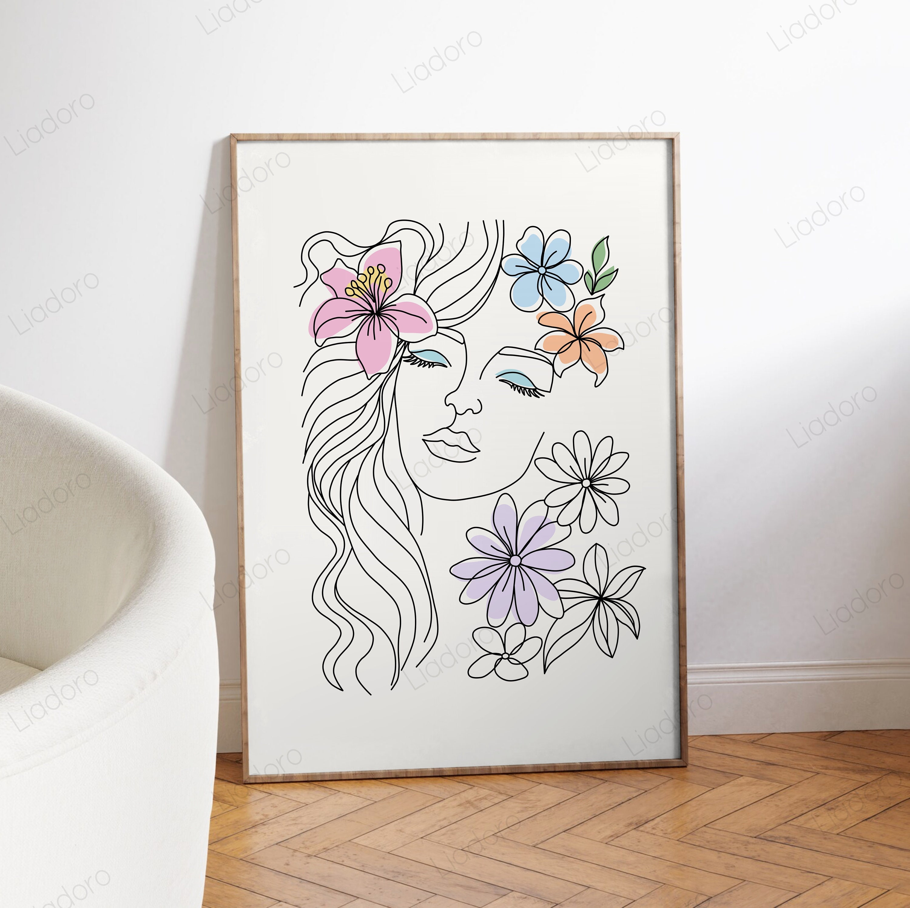 Flower Head Woman Line Art Print Set of 3, Floral Woman Line Drawing ...