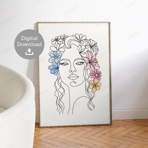 Flower Head Woman Line Art Print Set of 3, Floral Woman Line Drawing Printable Wall Art, DIGITAL ...