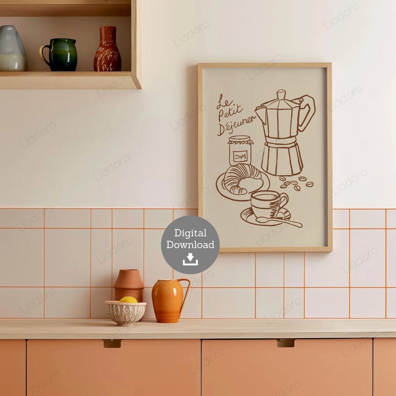 Le Petit Dejeuner Coffee Croissant Print, Hand Drawn Breakfast Sketch ...