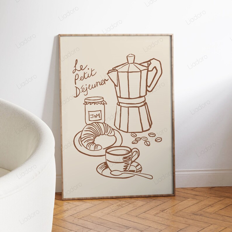 Le Petit Dejeuner Coffee Croissant Print, Hand Drawn Breakfast Sketch ...