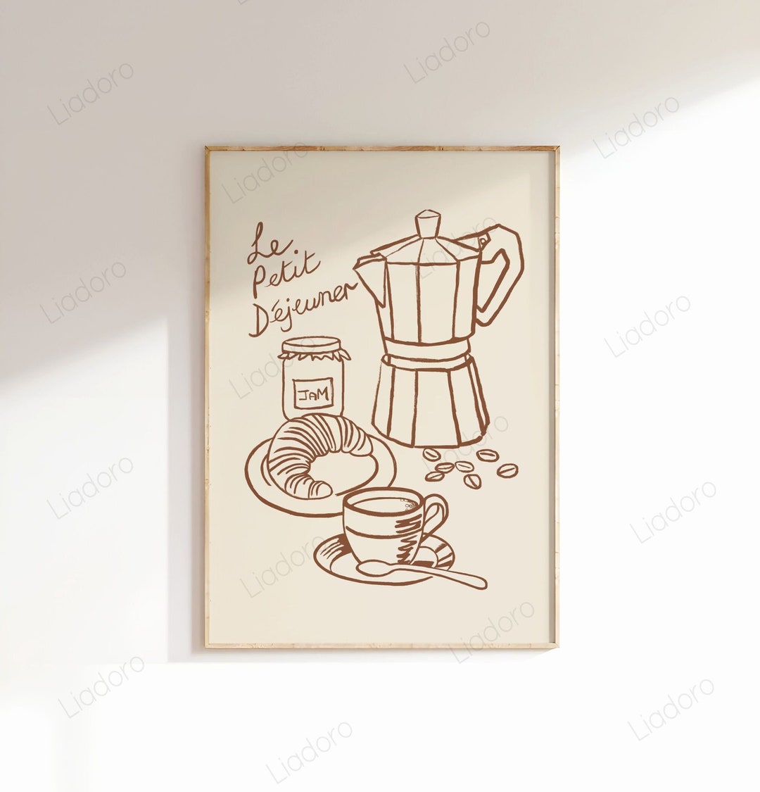 Le Petit Dejeuner Coffee Croissant Print, Hand Drawn Breakfast Sketch ...