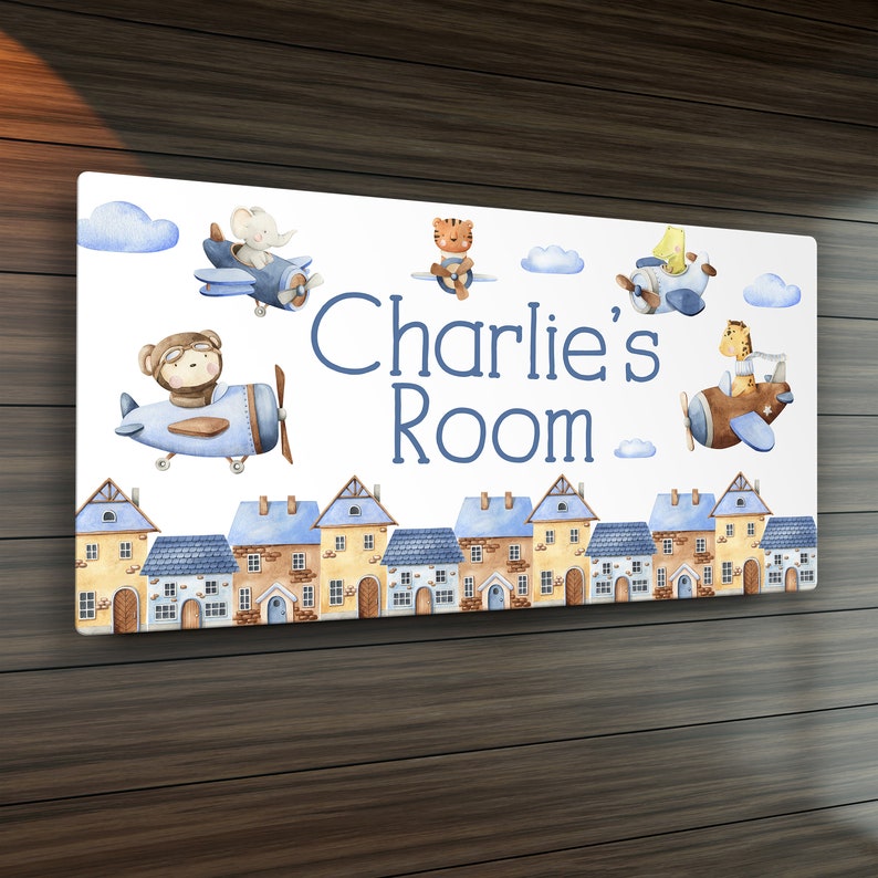 Personalised Room Sign With Childs Name - Animal Airplane Theme. Gloss ...