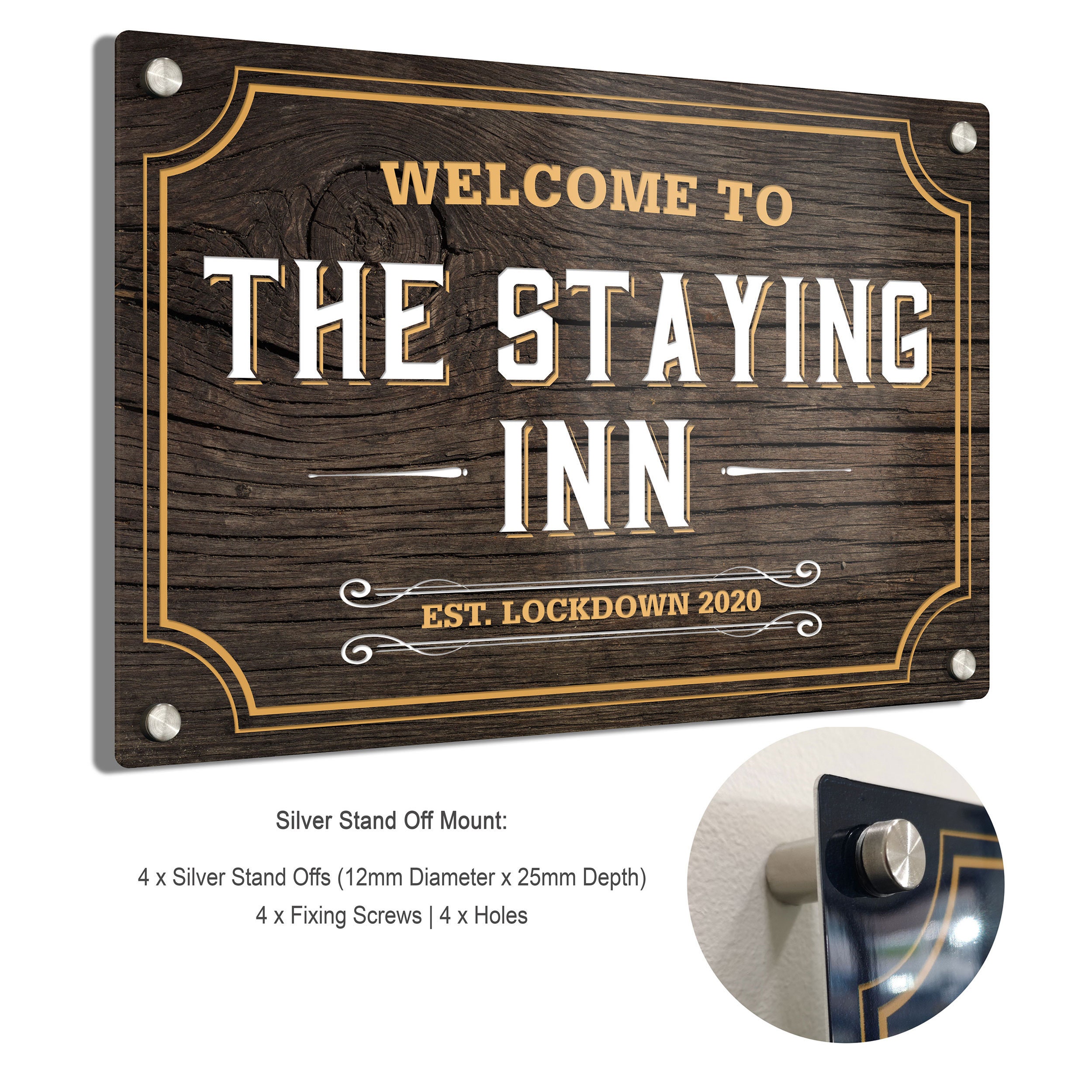 Personalised Welcome Bar Sign With Aged Wood Background. Gloss Metal ...