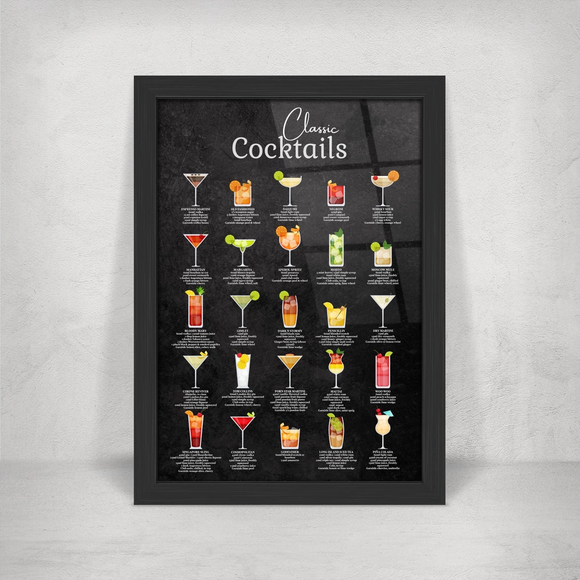 Classic Cocktail Metal Home Bar Sign Print on Black - Etsy UK