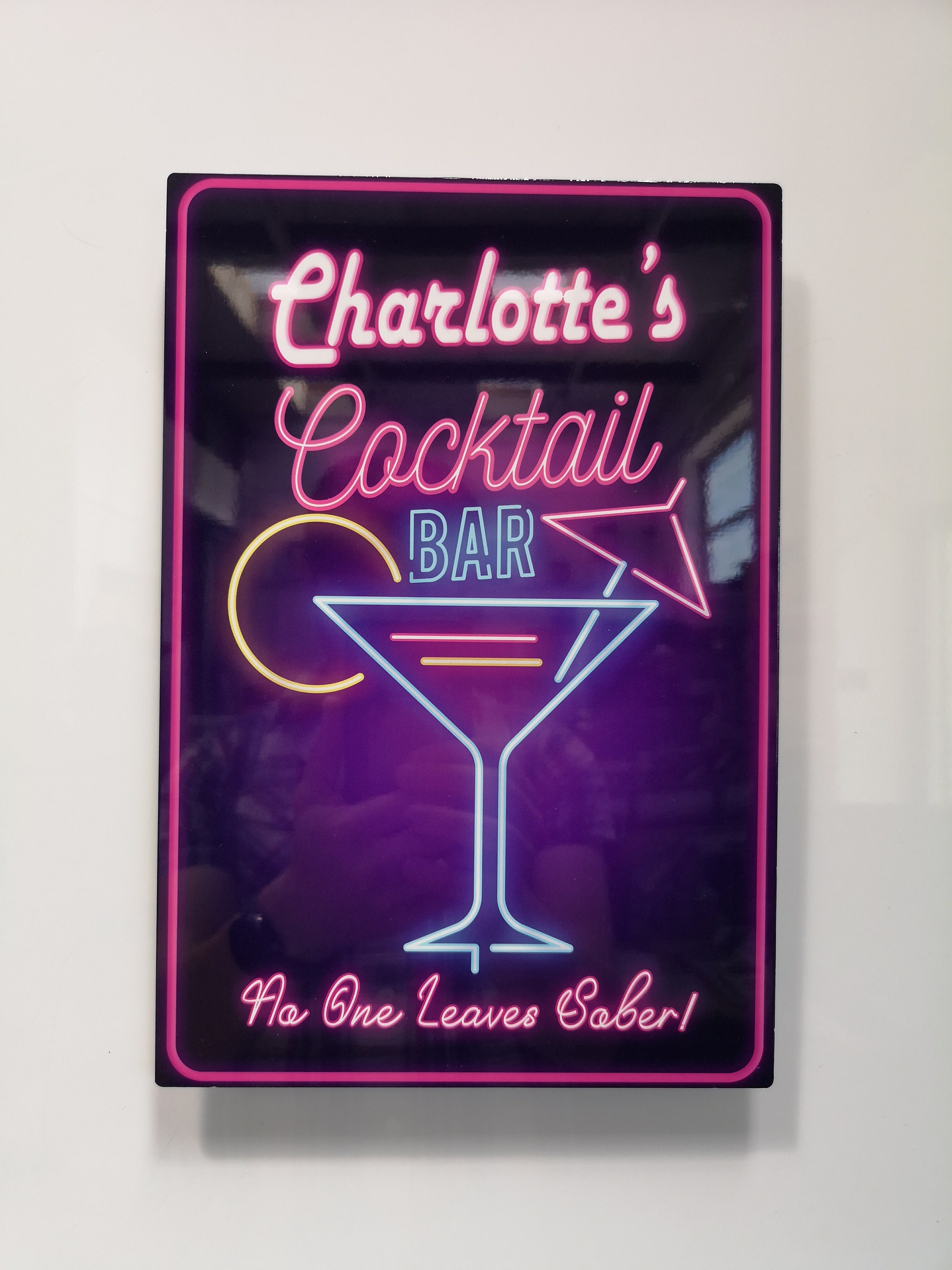 Personalised Cocktail Bar Sign. Neon Retro Vintage Print on Gloss Metal ...