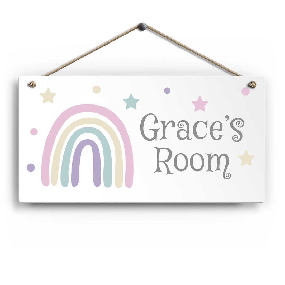 Personalised Room Sign With Childs Name - Pastel Rainbow Theme. Gloss ...