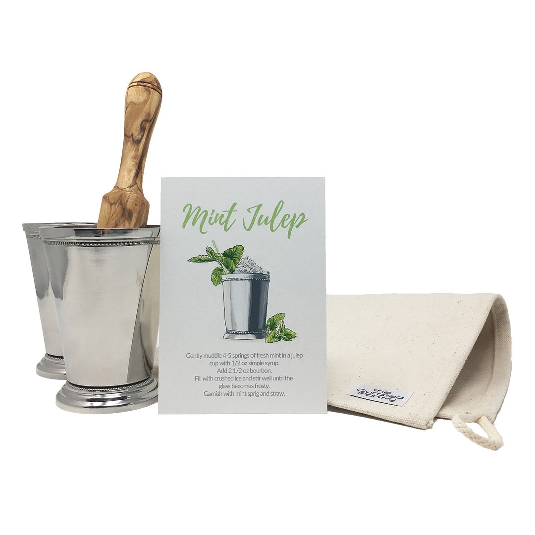 Mint Julep Cocktail Kit: Stainless Steel Cups, Olive Wood Muddler ...