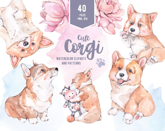 Cute Corgi. Watercolor clipart and patterns. Corgi | Etsy