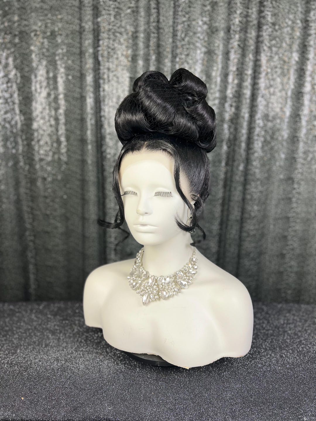 Sculpted Bun Updo With Face Framing Bangs | Pageant Wig Styled Lace ...
