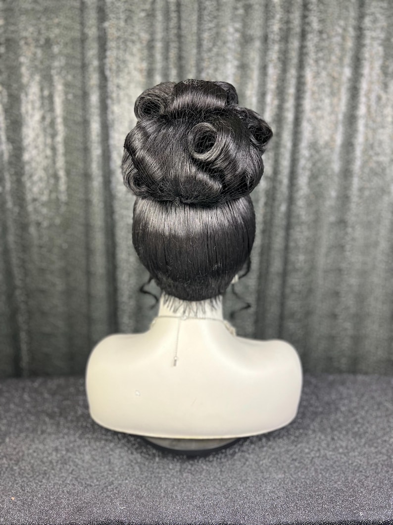 Sculpted Bun Updo With Face Framing Bangs | Pageant Wig Styled Lace ...