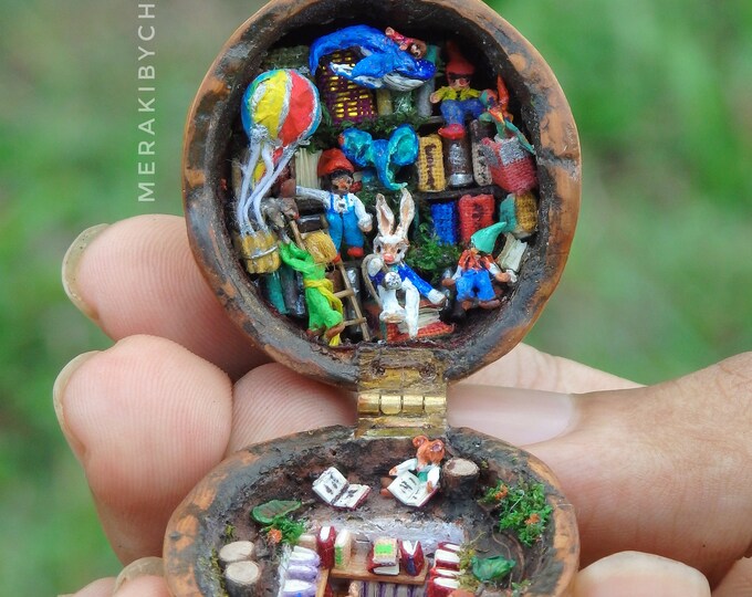 Miniature Walnut Shell Diorama - Whimsical Library Scene & Cozy Reading ...