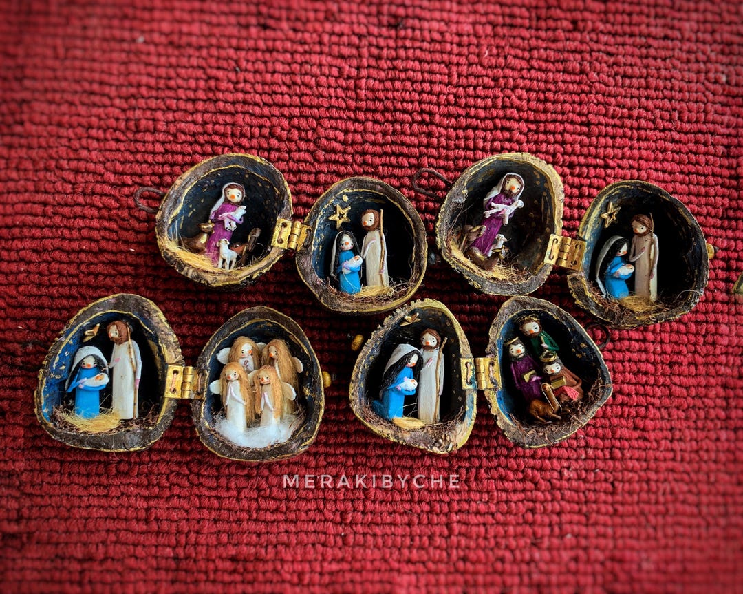 Miniature Nativity Scene in a Nutshell, Walnut Art, Tiny Nativity ...