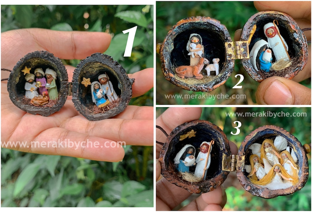 Miniature Nativity Scene in a Nutshell, Walnut Art, Tiny Nativity ...